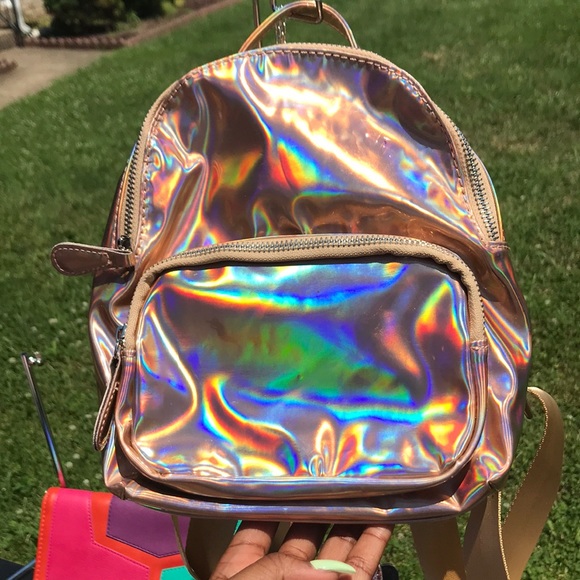 Bags | Gold Holographic Mini Backpack Purse | Poshmark